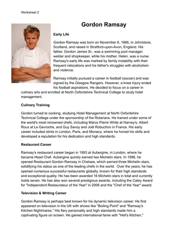 Food KS3 Cover Work - Gordon Ramsay Bio Comprehension | Teaching Resources