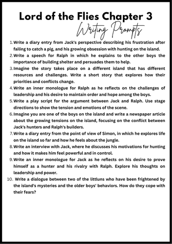 Lord of the Flies Chapter 3 Post-Reading Creative Writing Prompts ...