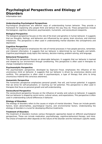 Psychological Perspectives and Etiology of Disorders | Teaching Resources