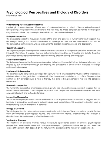 Psychological Perspectives and Etiology of Disorders | Teaching Resources