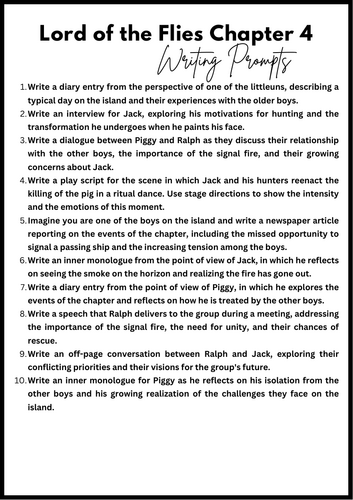 Lord of the Flies Chapter 4 Post-Reading Creative Writing Prompts ...