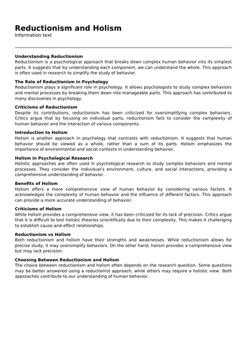 Reductionism and Holism | Teaching Resources