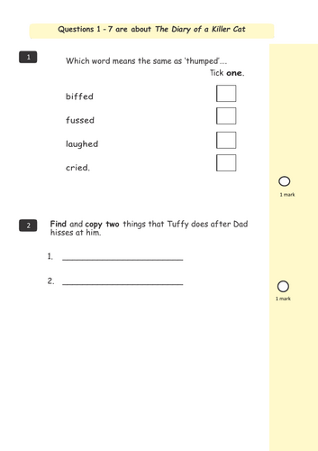 Diary of a Killer Cat SATS style questions Year 2 | Teaching Resources