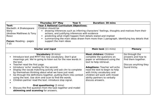 Guided Reading Questions based on Macbeth for Year 5 | Teaching Resources