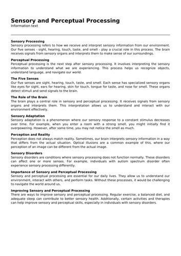 Sensory and Perceptual Processing | Teaching Resources