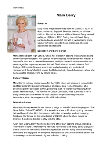 Food KS3 Cover Work - Mary Berry Bio Comprehension | Teaching Resources
