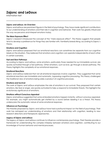 Zajonc and LeDoux | Teaching Resources