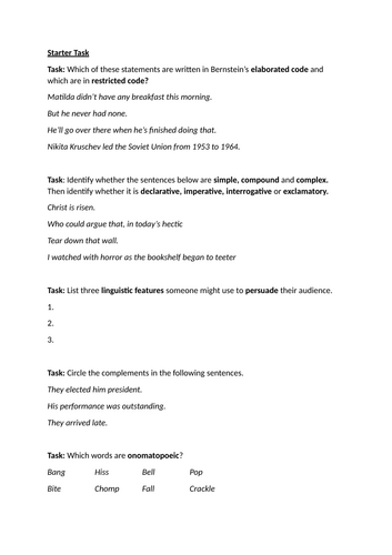 Grammar Starter Tasks for English Language A-Level | Teaching Resources