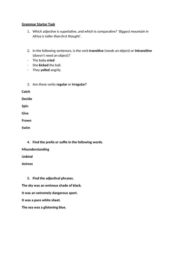 Grammar Starter Tasks for English Language A-Level | Teaching Resources