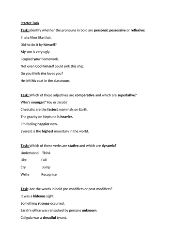 Grammar Starter Tasks for English Language A-Level | Teaching Resources
