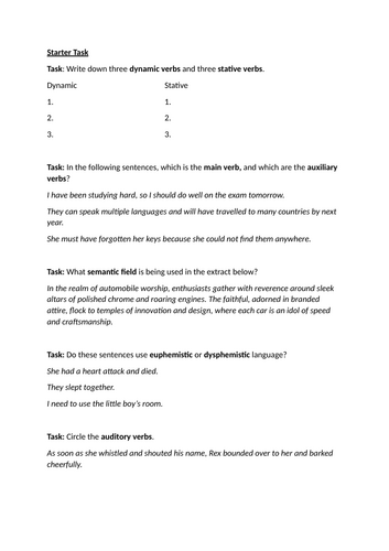 Grammar Starter Tasks for English Language A-Level | Teaching Resources