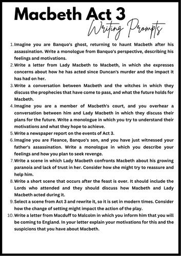 Macbeth Act 3 Post-Reading Creative Writing Prompts | Teaching Resources