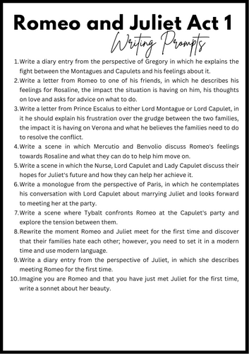 Romeo and Juliet Act 1 Post-Reading Creative Writing Prompts | Teaching ...