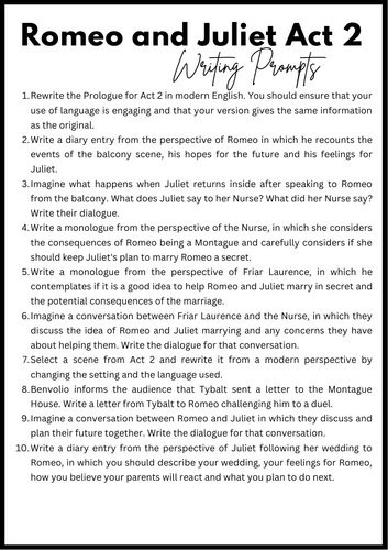 Romeo and Juliet Act 2 Post-Reading Creative Writing Prompts | Teaching ...