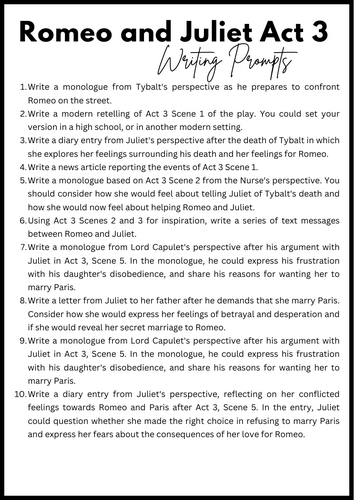 Romeo and Juliet Act 3 Post-Reading Creative Writing Prompts | Teaching Resources