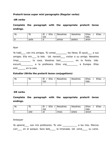 Preterit tense super mini paragraphs (Regular verbs) | Teaching Resources