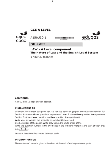A-Level Law: Eduqas Paper 1 English Legal Systems Mock Exam | Teaching ...
