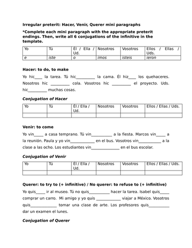 Irregular preterit: Hacer, Venir, Querer mini paragraphs | Teaching ...