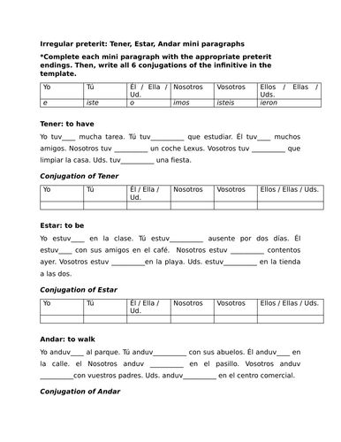 Irregular preterit: Tener, Estar, Andar mini paragraphs | Teaching ...
