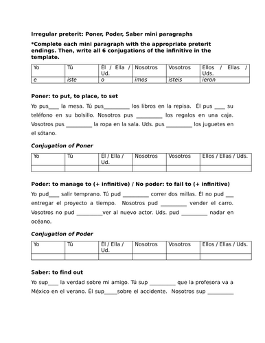 Irregular preterit: Poner, Poder, Saber mini paragraphs | Teaching ...