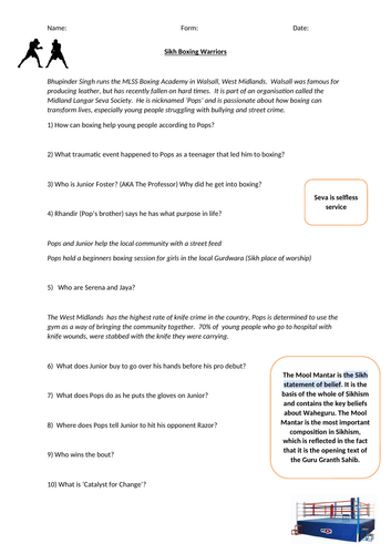 'Sikh Boxing Warriors' (2024) - Task Sheet | Teaching Resources