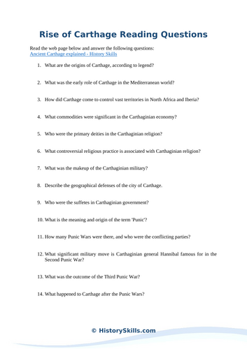 Rise of Carthage Reading Questions Worksheet | Teaching Resources