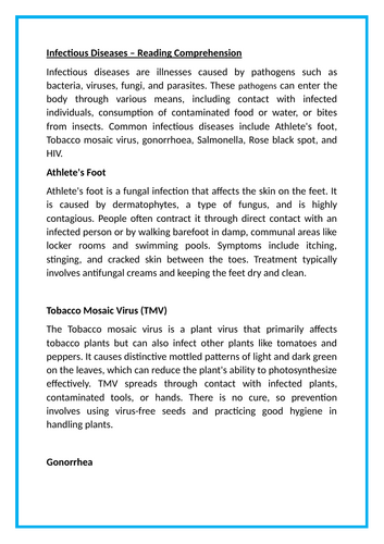 Infectious Diseases Reading Comprehension | Teaching Resources