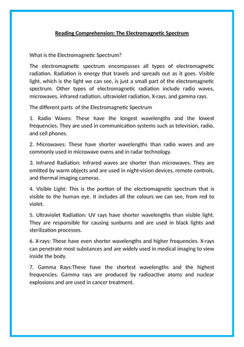 Reading Comprehension - The electromagnetic Spectrum | Teaching Resources