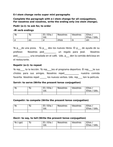 E-I stem change verbs super mini paragraphs | Teaching Resources