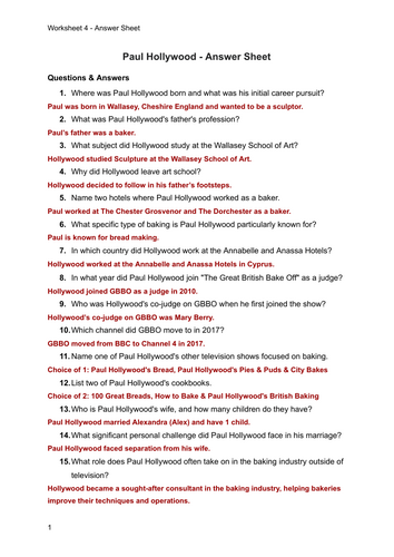 Food KS3 Cover Work - Paul Hollywood Bio Comprehension | Teaching Resources