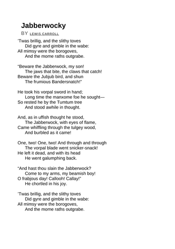 Year 4 The Jabberwocky by Lewis Carroll | Teaching Resources