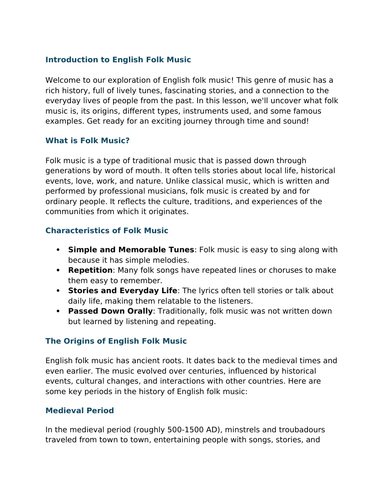 7 Lesson KS3 Folk Music Cover, No IT | Teaching Resources