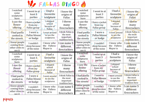 Fallas bingo - for students who participate in the Valencian festival ...