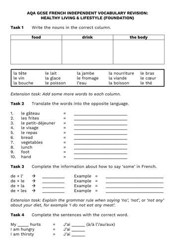 AQA GCSE French | Vocabulary, writing & translation revision | Healthy ...