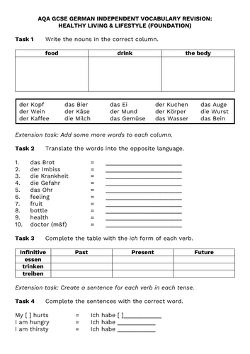 AQA GCSE German | Vocabulary, writing & translation revision | Healthy ...