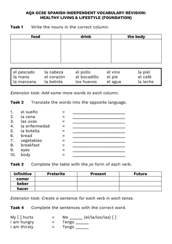 AQA GCSE Spanish | Vocabulary, writing & translation revision | Healthy ...