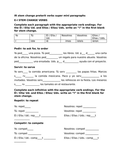 IR stem change preterit verbs super mini paragraphs | Teaching Resources