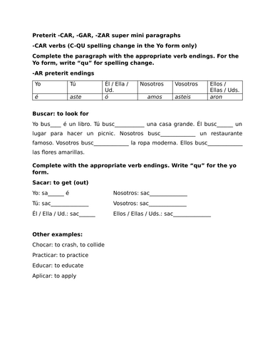 Preterit -CAR, -GAR, -ZAR super mini paragraphs | Teaching Resources