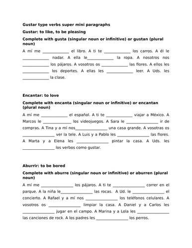 Gustar type verbs super mini paragraphs | Teaching Resources