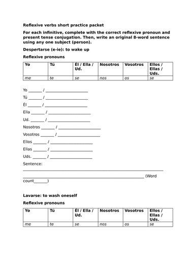 Reflexive verbs short practice packet | Teaching Resources