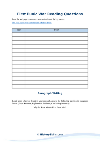 First Punic War Reading Questions Worksheet | Teaching Resources