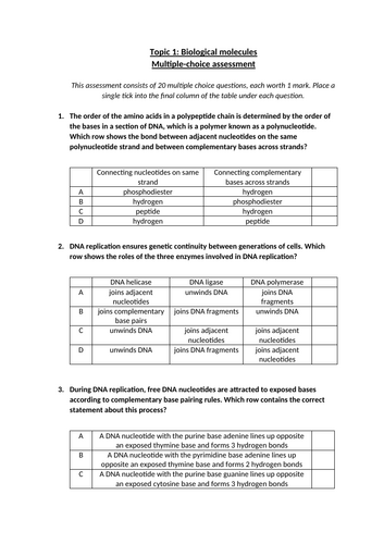 AQA A-level biology TOPIC 1 REVISION | Teaching Resources