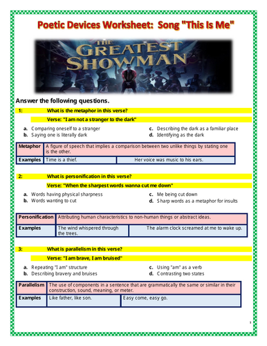 Song 'This is Me' Poetic Devices Worksheet and Key | Teaching Resources
