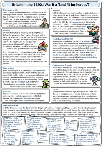 KS3 &4 History: Britain in the 1920s - A Land fit for a hero? *Fully ...