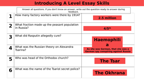 WW1 Cause of Tsars Downfall Essay Skills | Teaching Resources