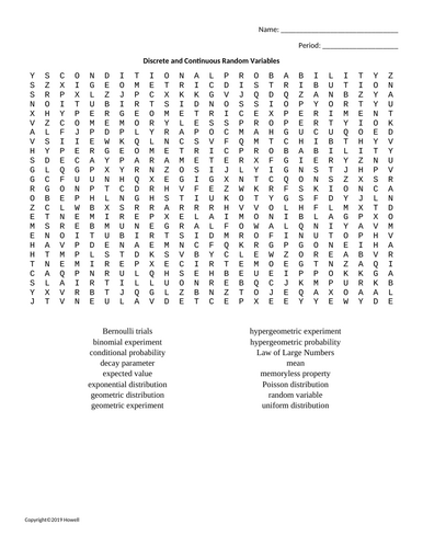 Discrete and Continuous Random Variables Word Search for a Statistics ...