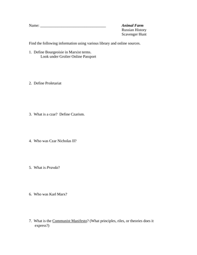 Animal Farm Russian History Scavenger Hunt with Answer Key | Teaching ...