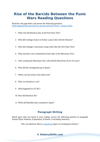 Rise of the Barcids Between the Punic Wars Reading Questions Worksheet ...