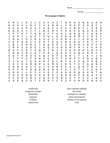 The Language of Algebra Word Search for a Pre. Algebra Course ...