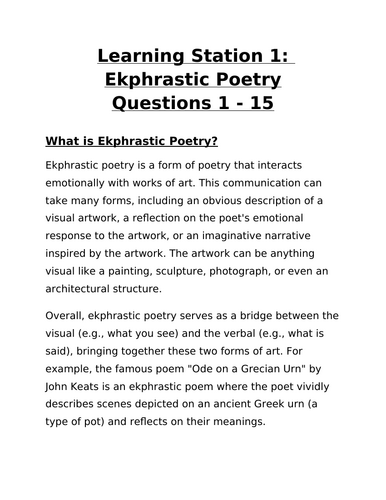 Full resources for ‘Key Stage 3: Poetry - Ekphrastic’ | Teaching Resources